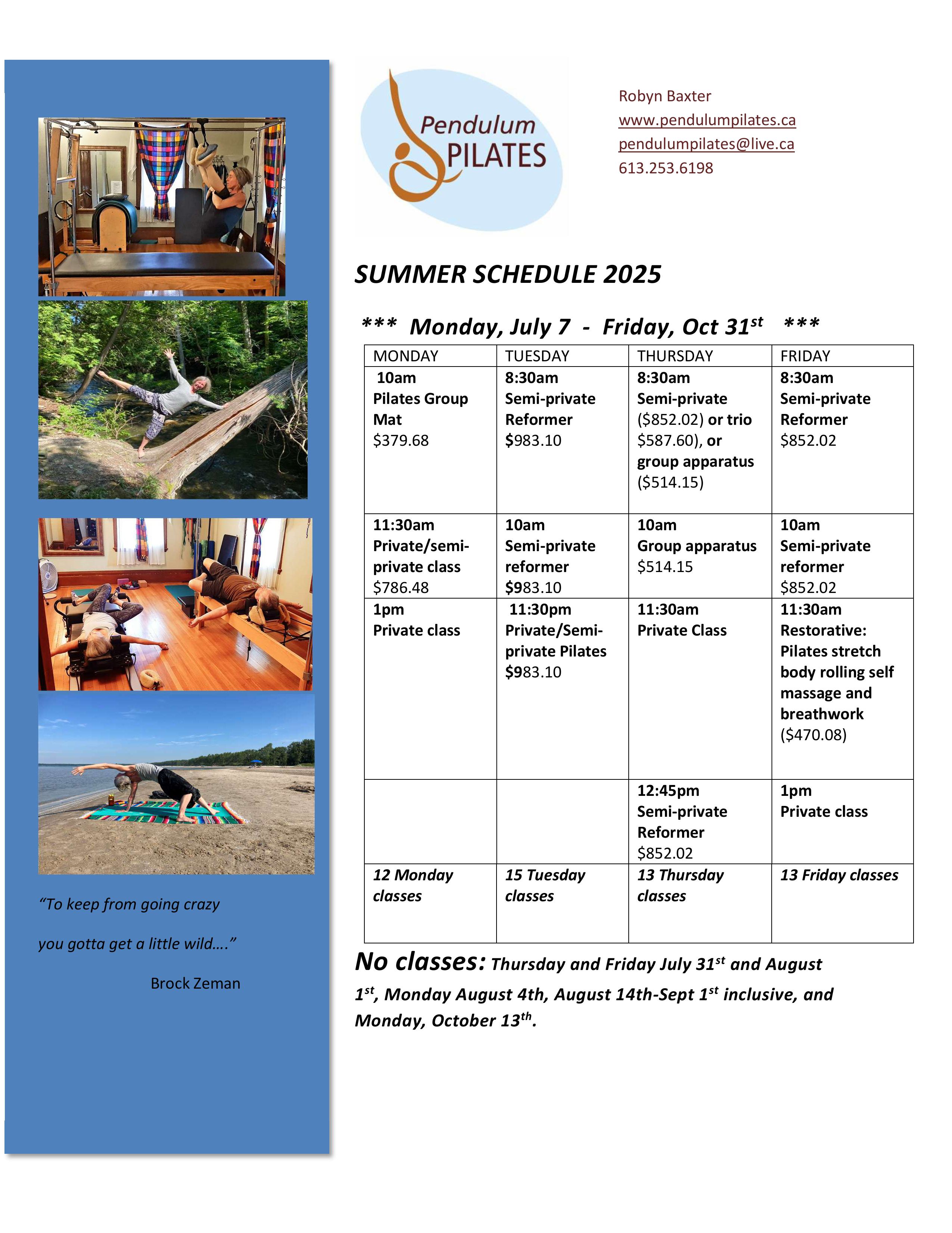 Class Schedule – Pendulum Pilates