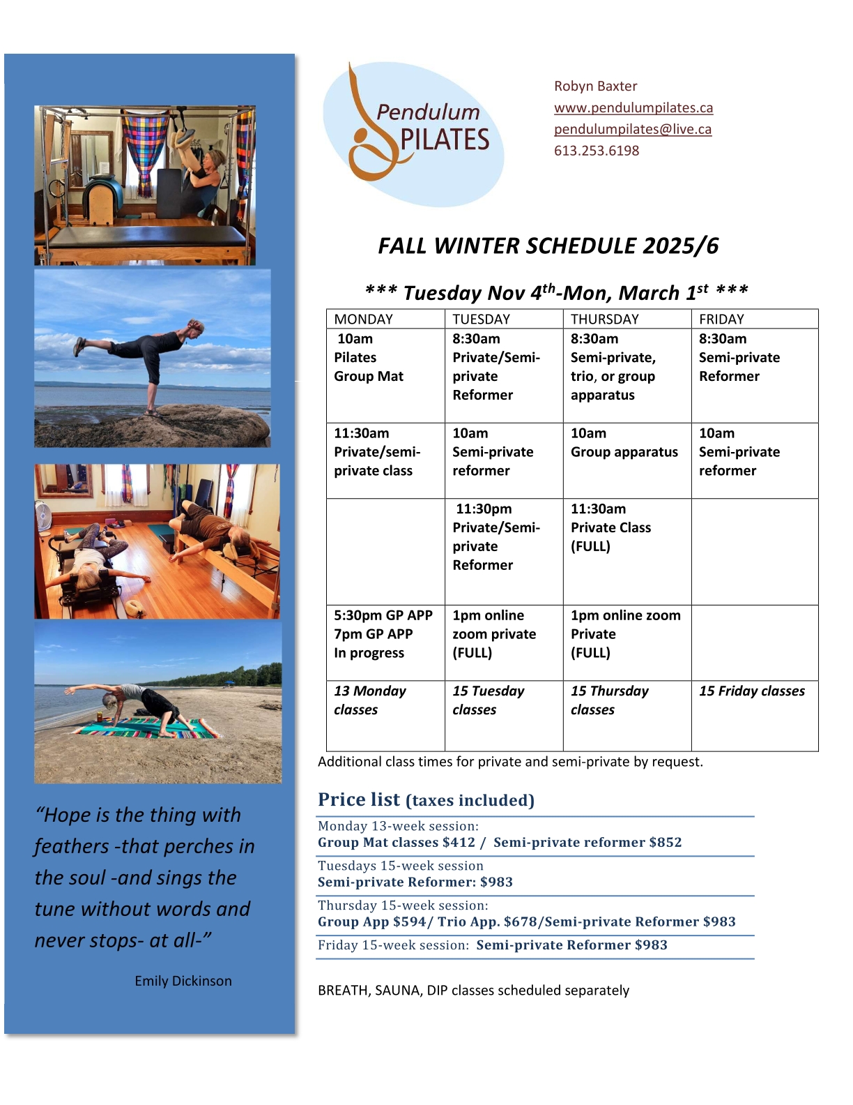Class Schedule – Pendulum Pilates
